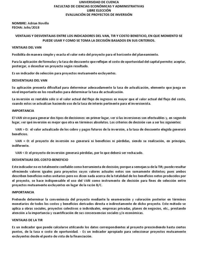 Ventajas y Desventajas Entre El Van, Tir y Costo Beneficio - Adrián ... Ventajas y Desventajas Entre El Van, Tir y Costo Beneficio - Adrián ...