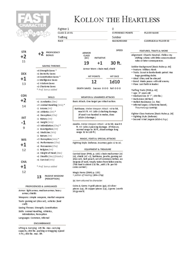 Fast Character Maker - Character Sheet For Tiefling Fighter 1 | PDF ...