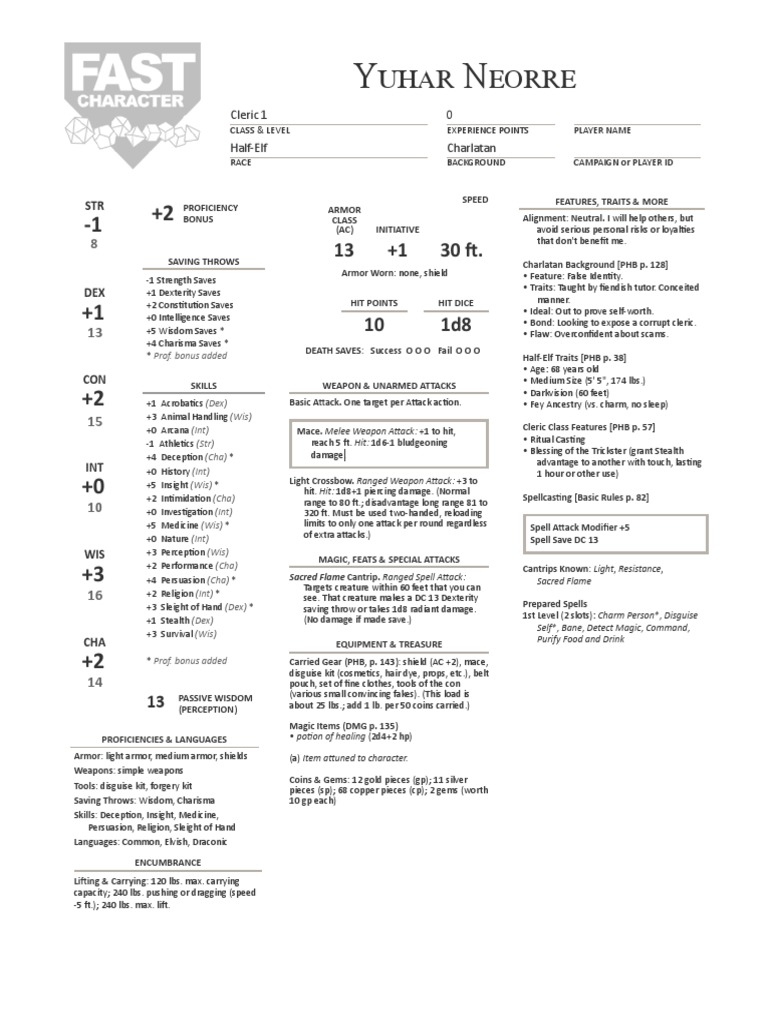 Fast Character Maker - Character Sheet For Half-Elf Cleric 1 | PDF ...