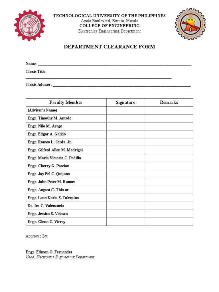 Department Clearance Form: Technological University of The Philippines ...