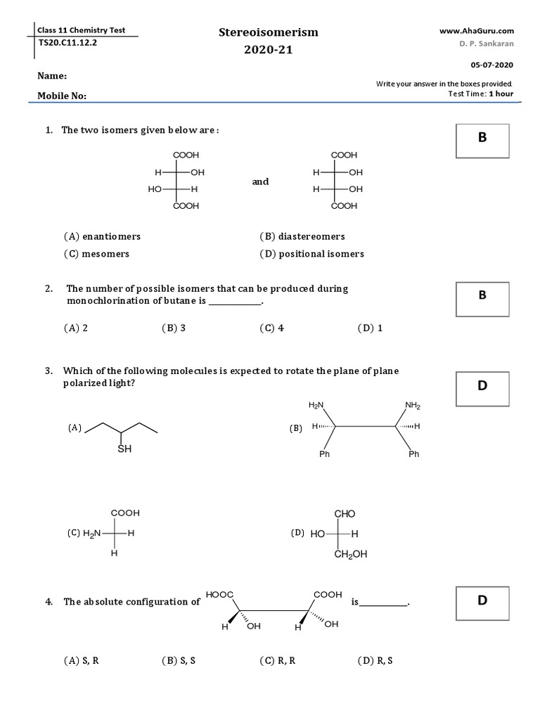 Stereoisomers Test Answers+ Questions | PDF | Isomer | Chirality ...