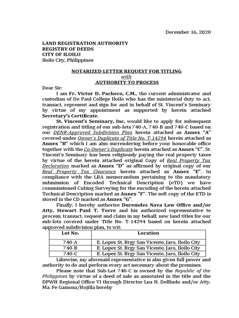 De Paul Notarized Letter Request For Titling With Authority To Process ...