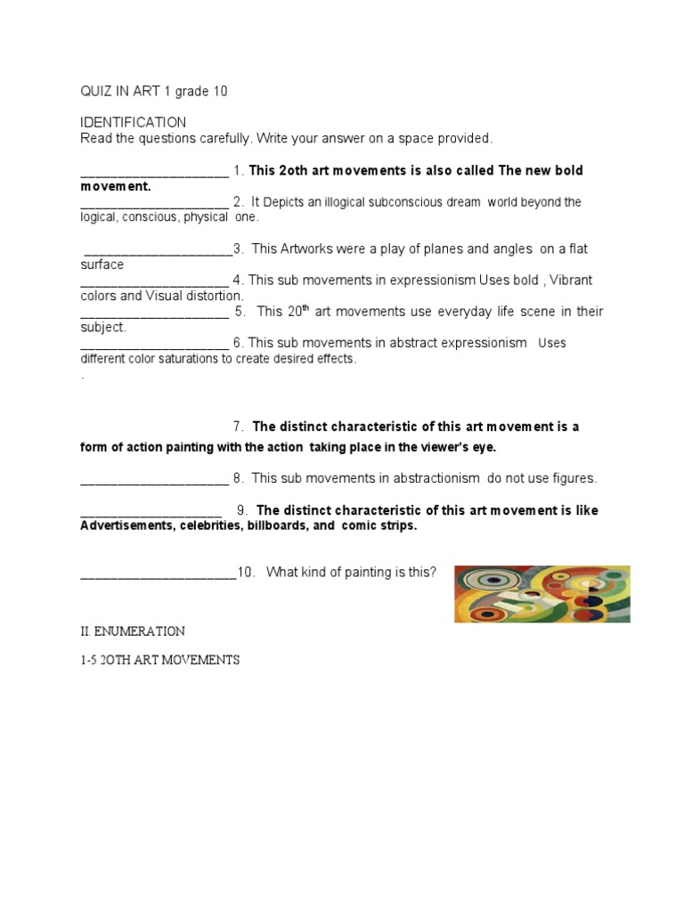 QUIZ IN ART 1 Grade 10 | PDF | Paintings | Sports