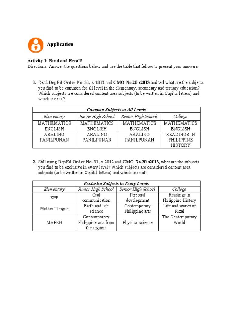 Application: Activity 1: Read and Recall! | PDF | Curriculum | Classroom