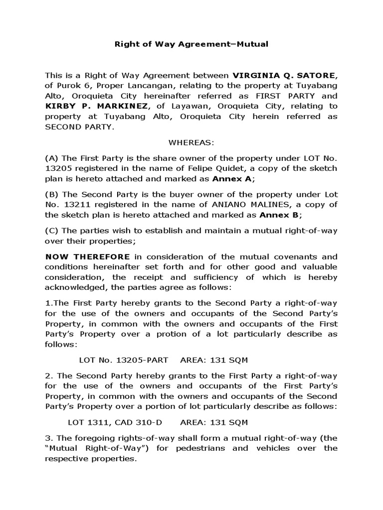 Right of Way Agreement (Tuyabang Alto) | PDF | Natural Resources Law ...