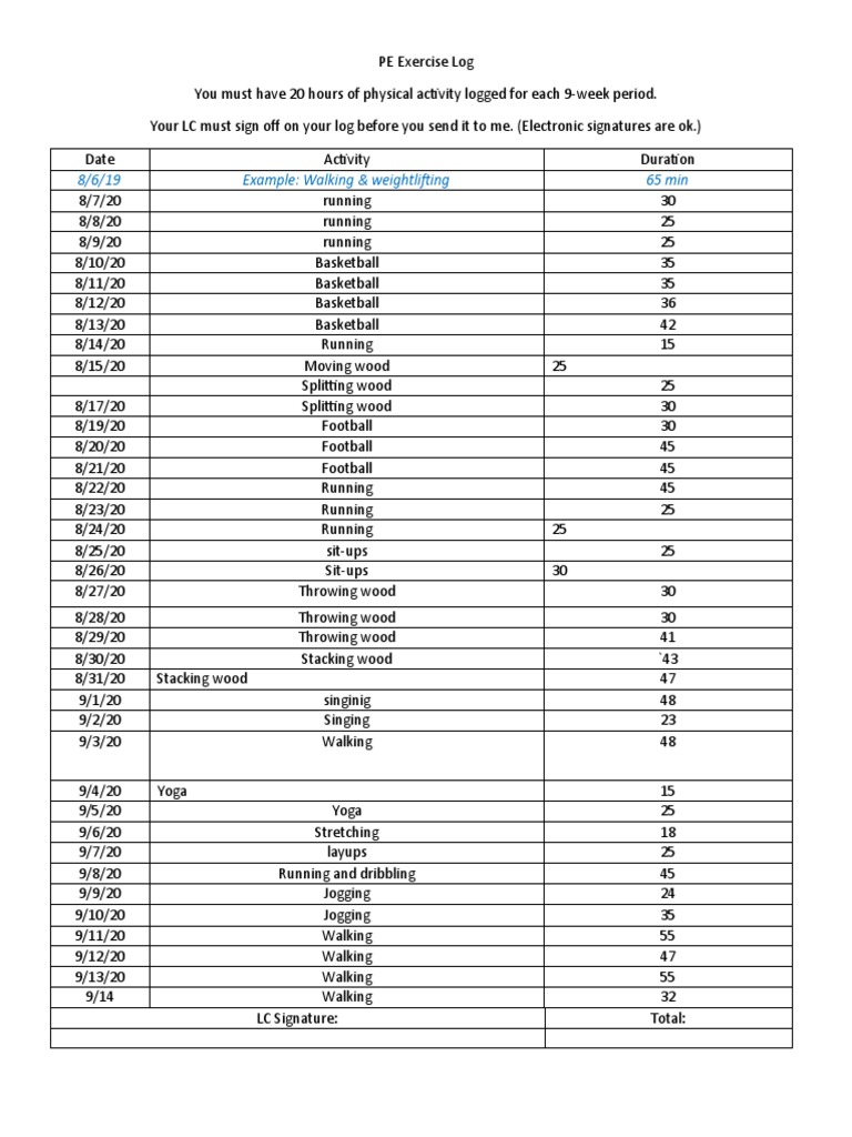 PE Physical Activity Log | PDF | Athletic Sports | Hobbies