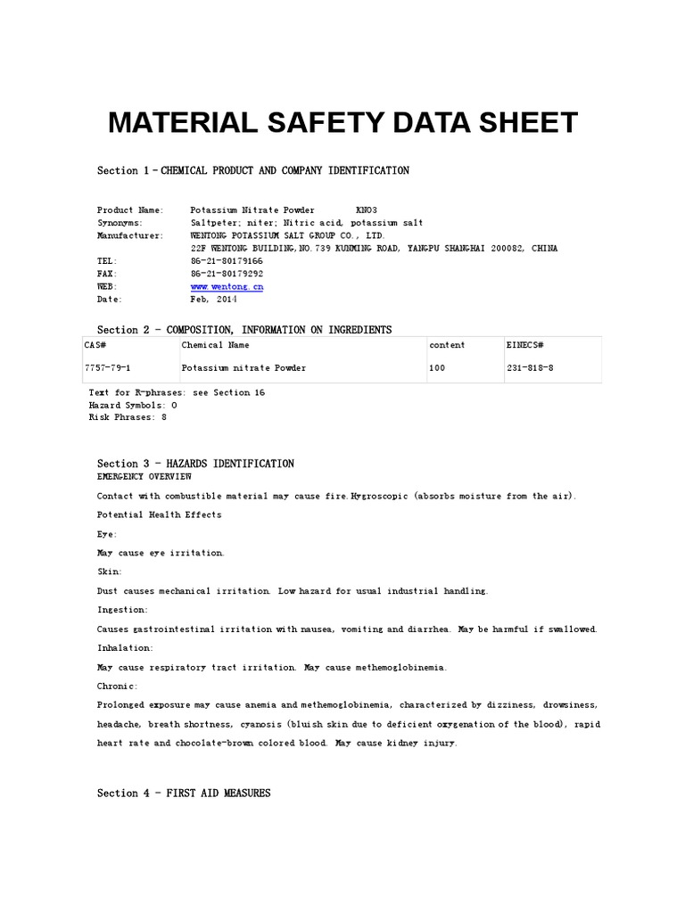 Potassium Nitrate Safety Data Sheet | PDF | Combustion | Fires