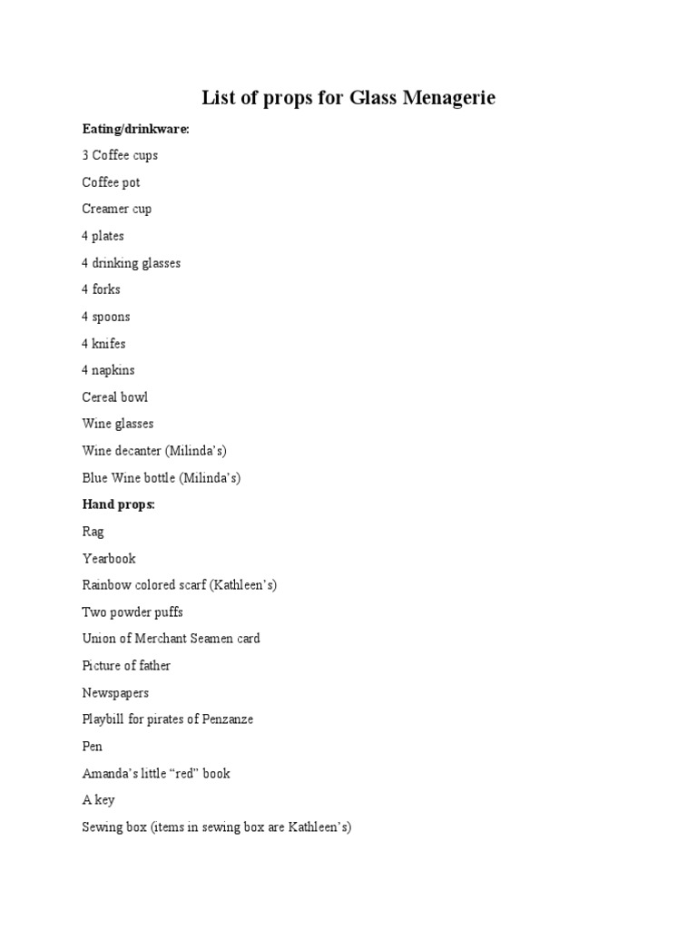 Props List For Glass Menagerie | PDF