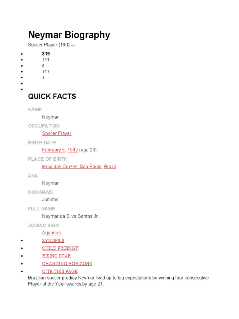 Neymar Biography: Quick Facts | PDF | Team Sports | Association ...