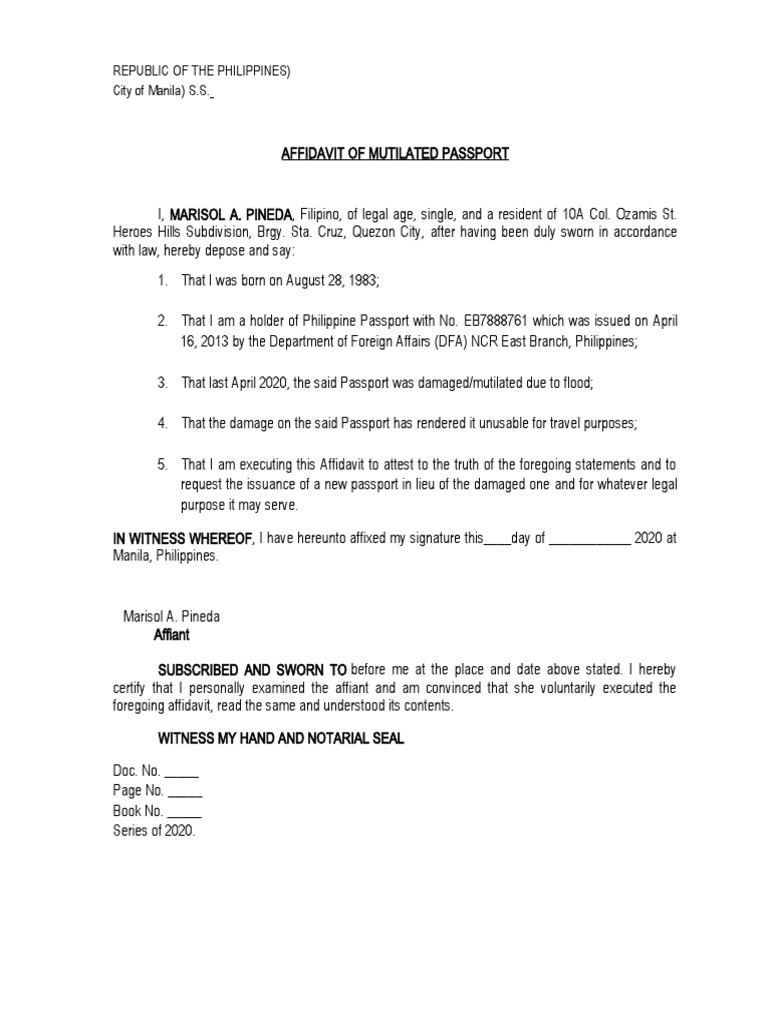 Affidavit of Mutilated Passport | PDF