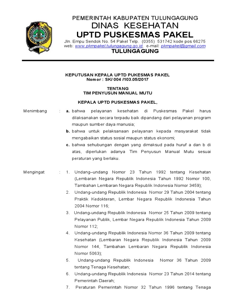 SK Tim Penyusun Manual Mutu PKM Pakel (BLM) | PDF