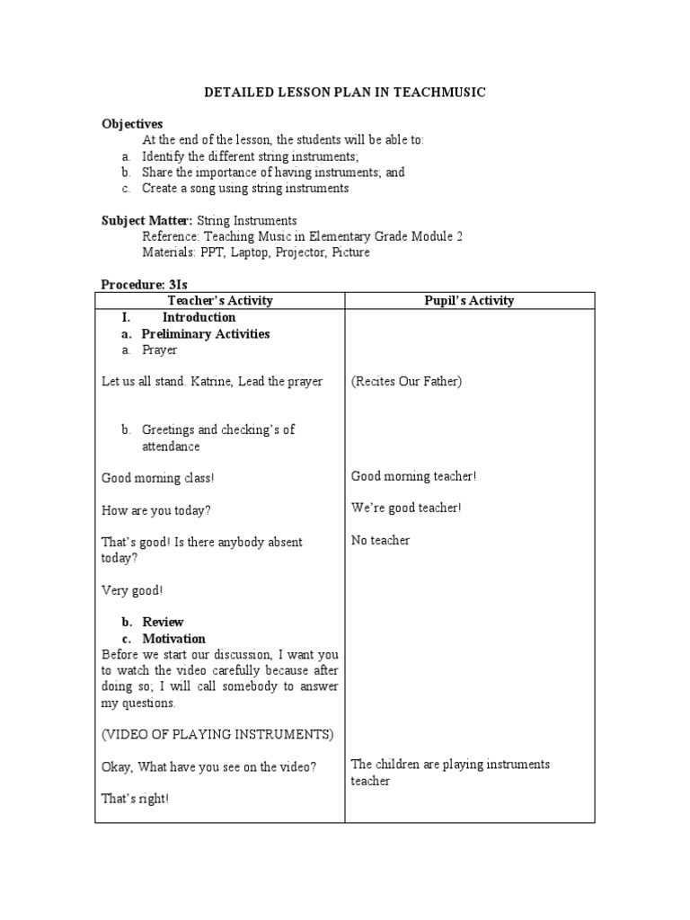 Detailed Lesson Plan in Teachmusic Objectives | PDF