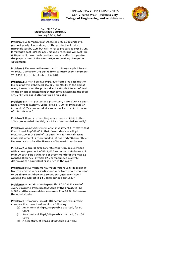 Engineering Economy Problems and Solutions | PDF | Present Value ...
