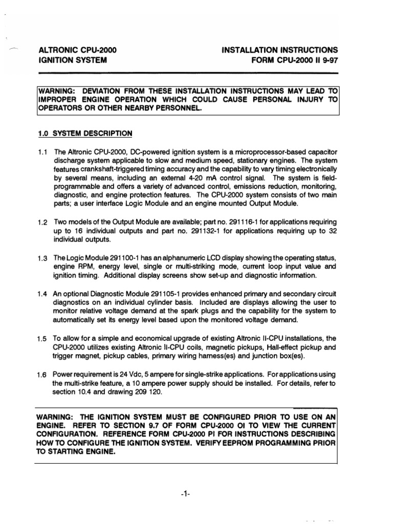 Altronic Cpu-2000 Ignition System Installation Instructions FORM CPU ...