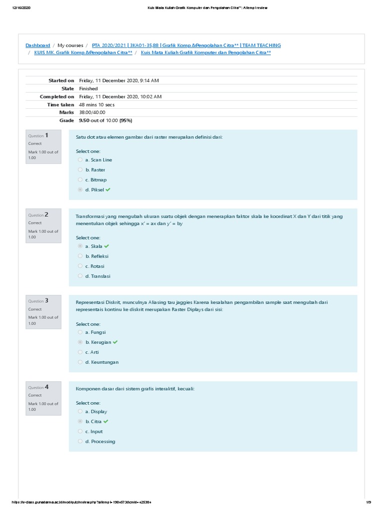 Kuis Mata Kuliah Grafik Komputer Dan Pengolahan Citra Attempt Review | PDF