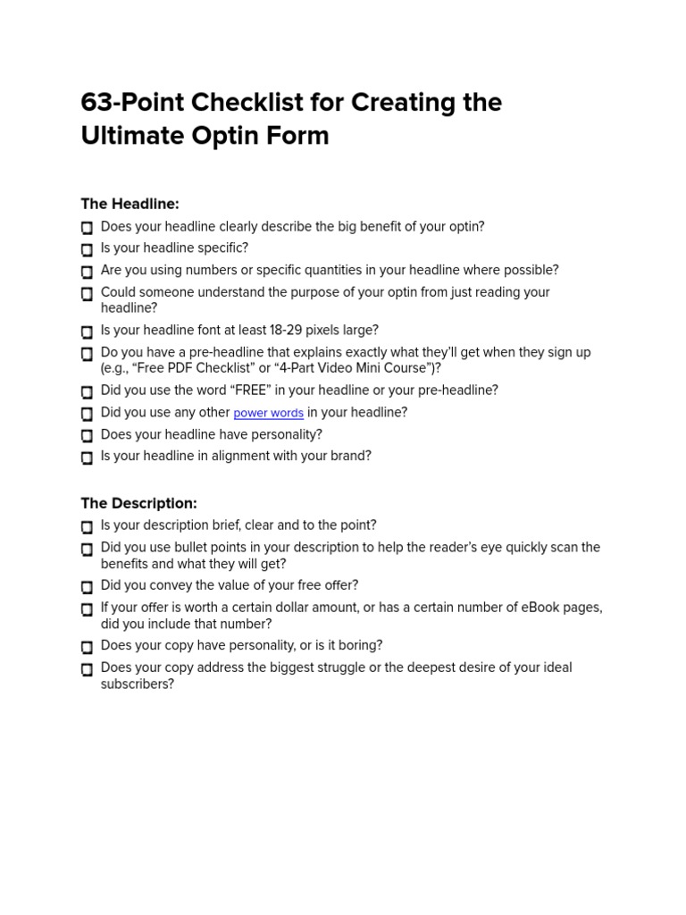 63-Point Checklist For Creating The Ultimate Optin Form | PDF ...