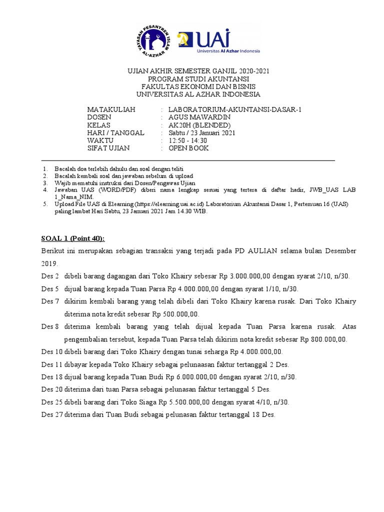 UAS Akuntansi Dasar 1 UAI 2021 | PDF