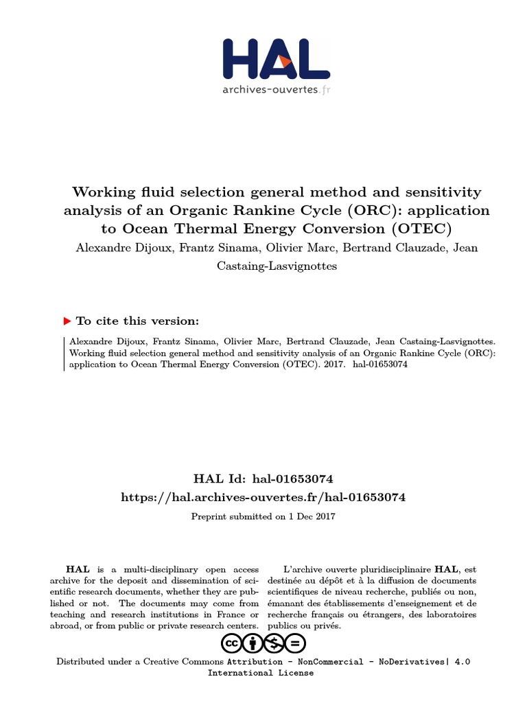 Alexandre Dijoux 2017 Working Fluid Selection General Method and Sensitivity Analysis of An ORC ...