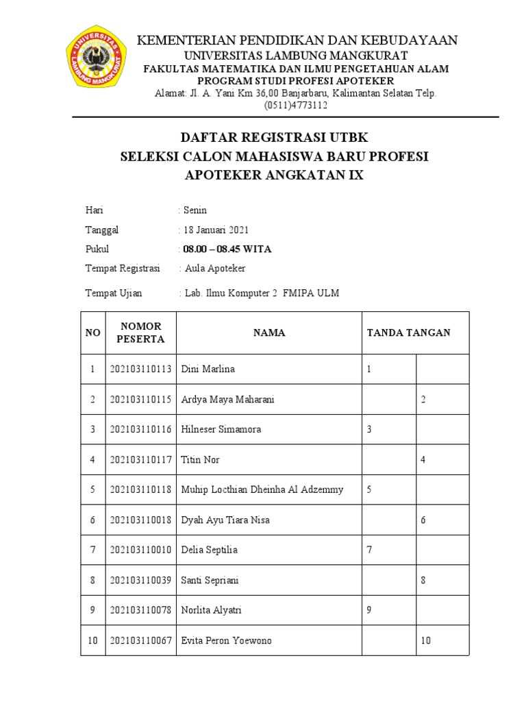 B. DAFTAR HADIR REGISTRASI TES MASUK PSPA 10 Orang Sesi 1 | PDF