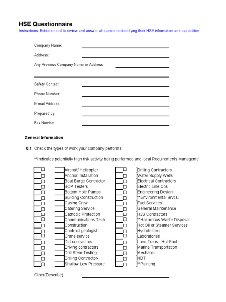 HSE Questionnaire: Company Name: Address: Any Previous Company Name or Address | PDF | Personal ...