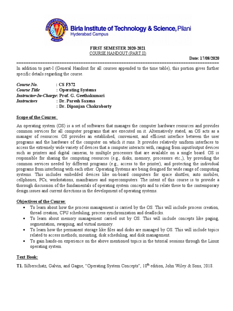 Course No.: Cs F372 Course Title: Operating Systems Instructor-In-Charge: Prof. G. Geethakumari ...