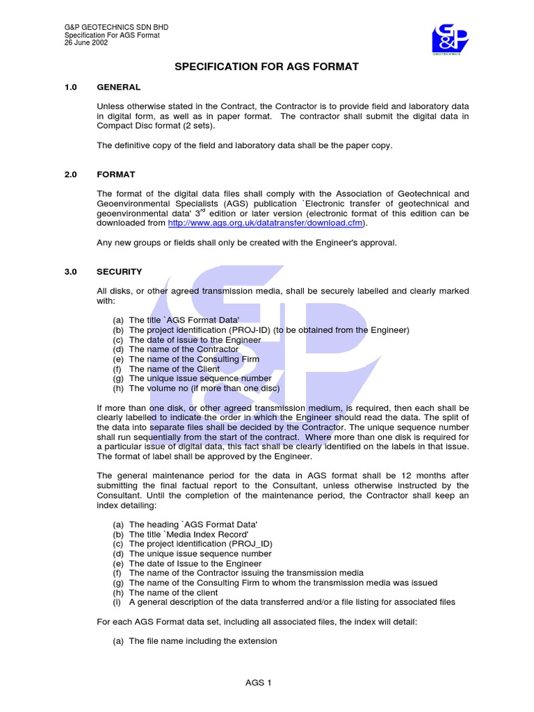 Specification For Ags Format: 1.0 General | PDF | Specification (Technical Standard) | Computer File