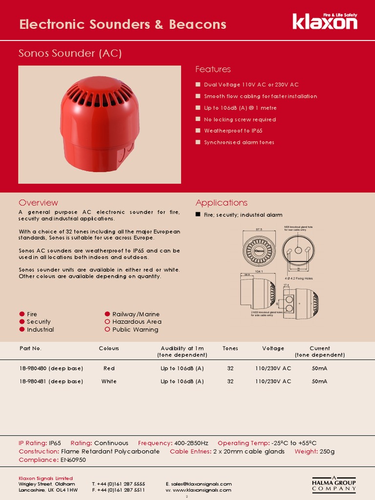 Electronic Sounders & Beacons: Sonos Sounder (AC) | PDF