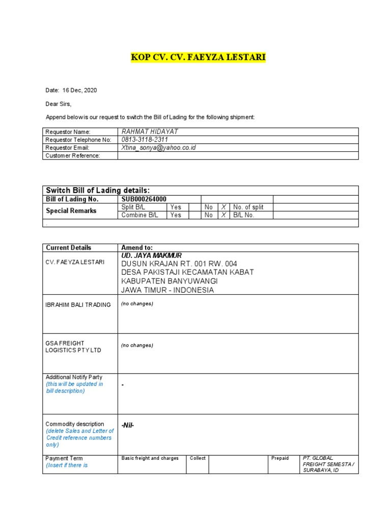 02 B22 Form - Switch BL Updated (2 FM 2) | PDF | Bill Of Lading | Cargo