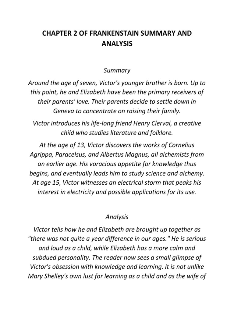 Chapter 2 of Frankenstein Summary AND Anyalysis | PDF | Frankenstein