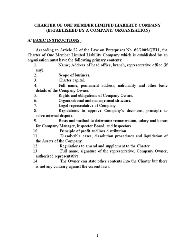 One Member LLC Charter Template Guide | PDF | Bankruptcy | Limited ...