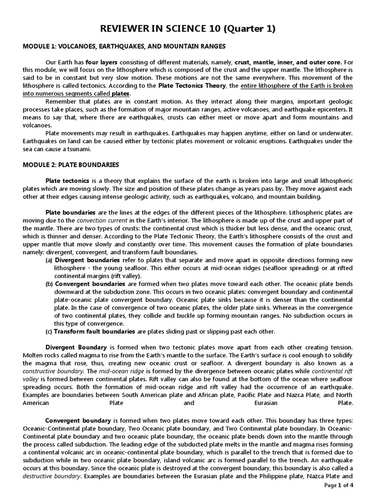 Science 10 Reviewer | PDF | Plate Tectonics | Volcano