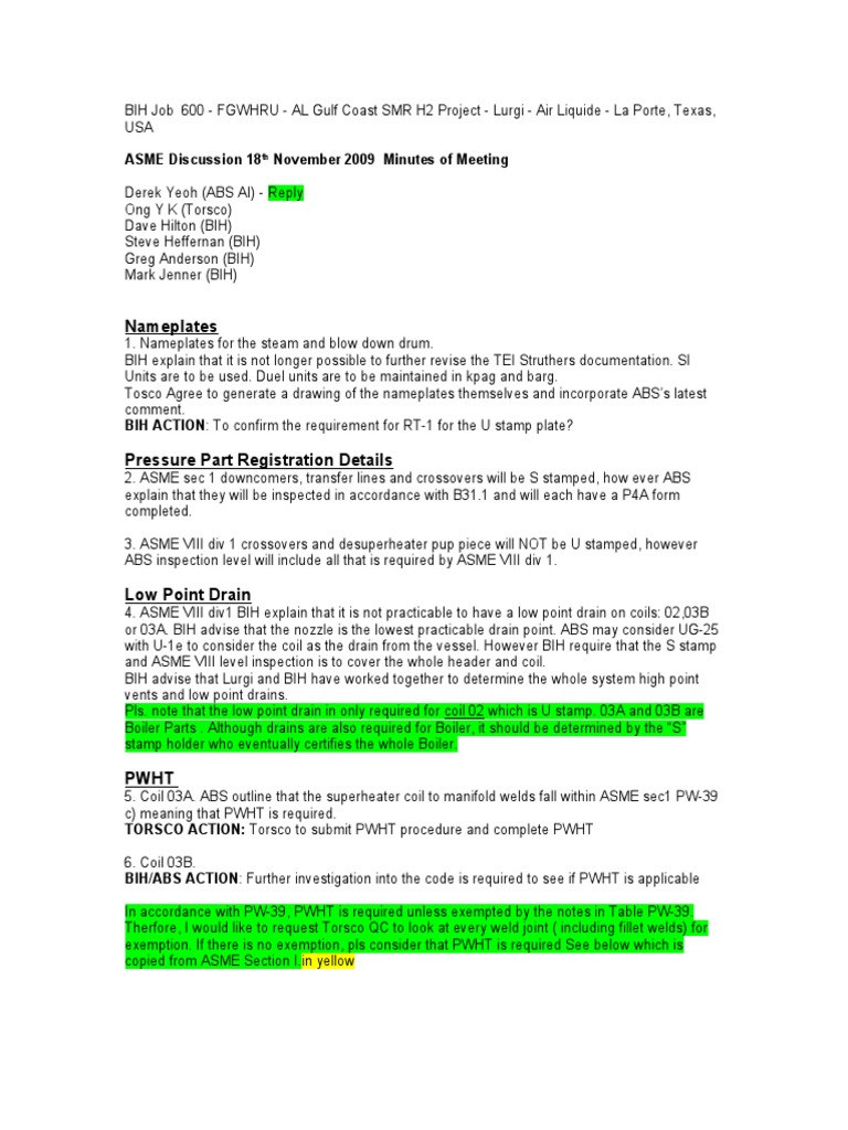 ASME Meeting Minutes - BIH Job 600 FGWHRU AL Gulf Coast SMR | PDF ...