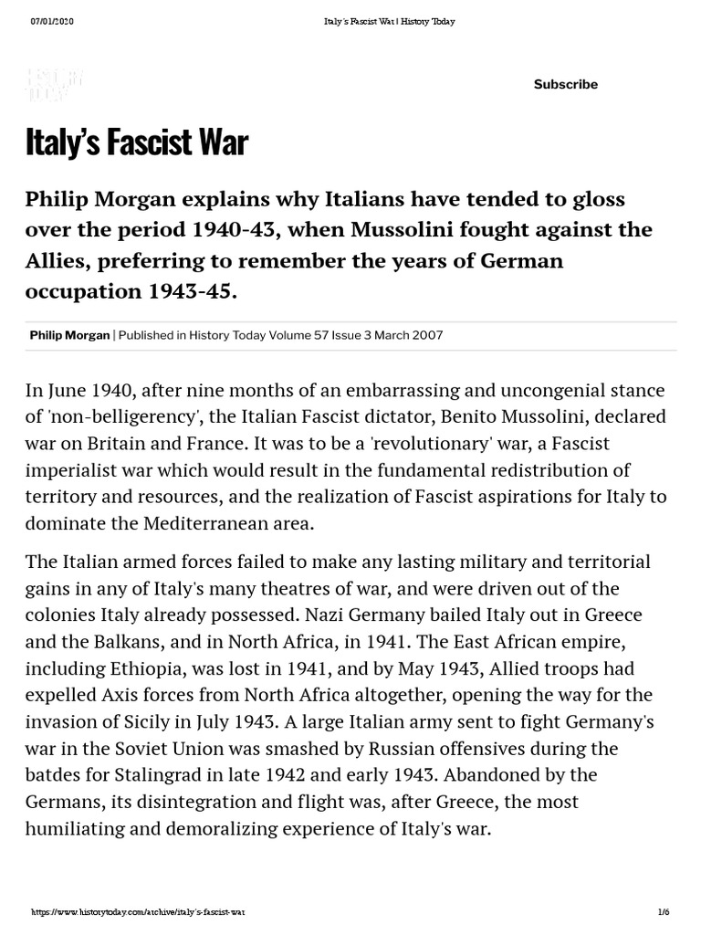 Italy's Fascist War - History Today | PDF | Kingdom Of Italy | Allies ...