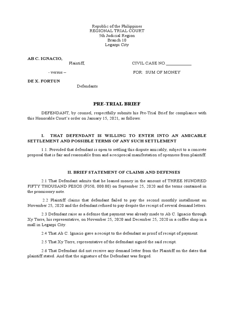 Pre Trial Brief | PDF | Discovery (Law) | Perjury