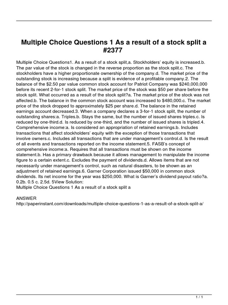 Multiple Choice Questions 1 As A Result of A Stock Split A | PDF ...