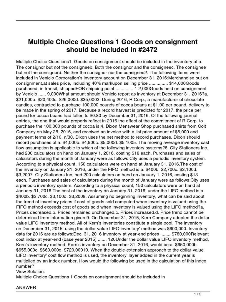 Multiple Choice Questions 1 Goods On Consignment Should Be Included in | PDF | Cost Of Goods ...
