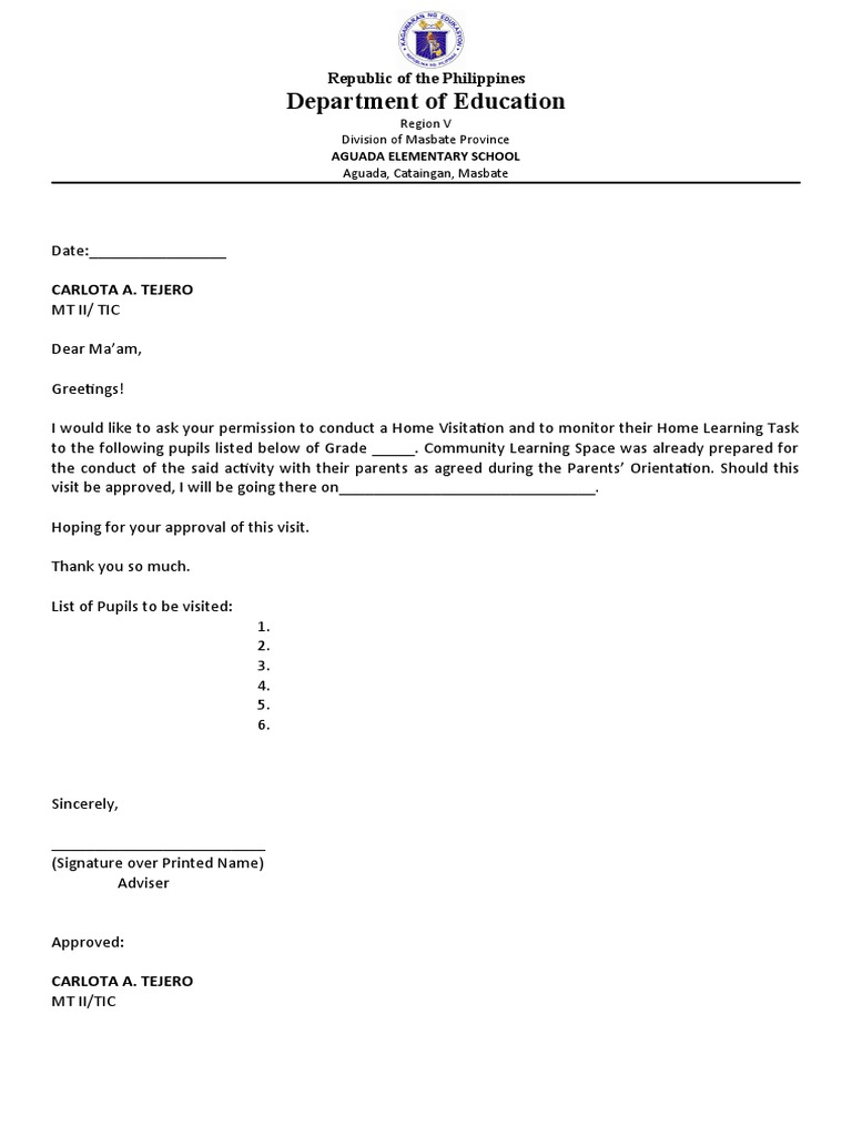 Home Visitation Letter To Principal