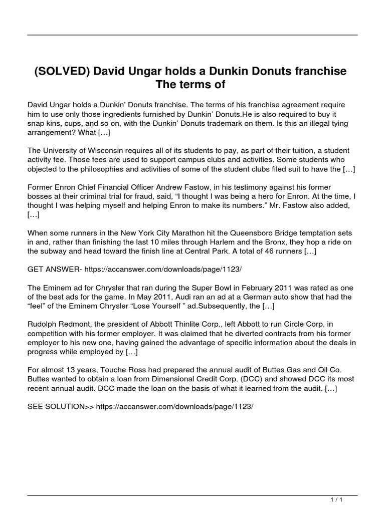 Solved David Ungar Holds A Dunkin Donuts Franchise The Terms of | PDF ...
