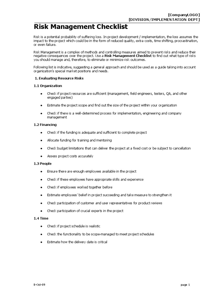 Risk Management Checklist Guide | PDF | Risk Management | Risk