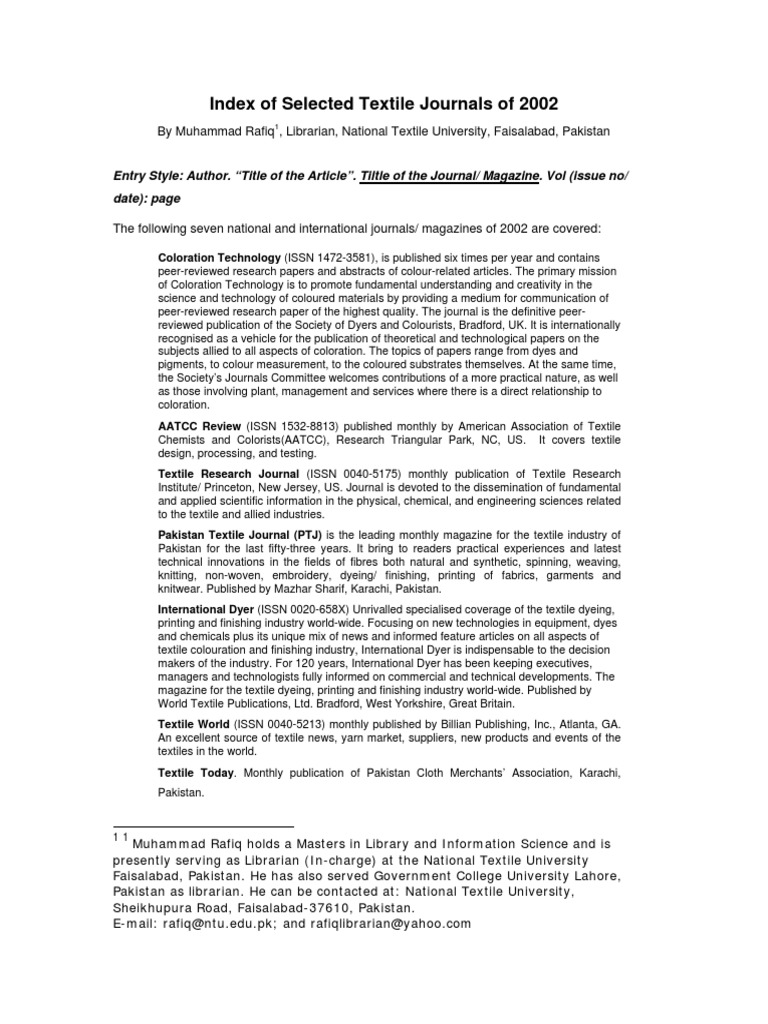 Index of Selected Textile Journals of 2002 | PDF | Dyeing | Textiles