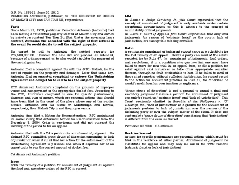 Digest Antonino Vs Register of Deeds | PDF | Complaint | Annulment