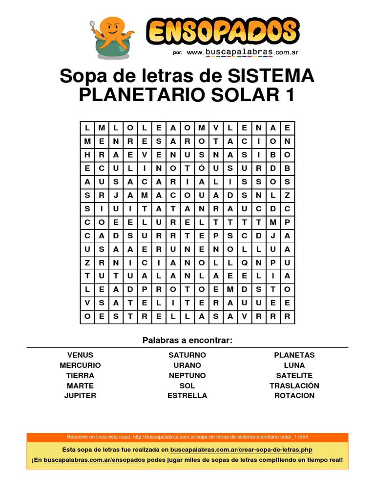 Sopa de Letras de Sistema Planetario Solar - 1 | PDF | Planetas ...