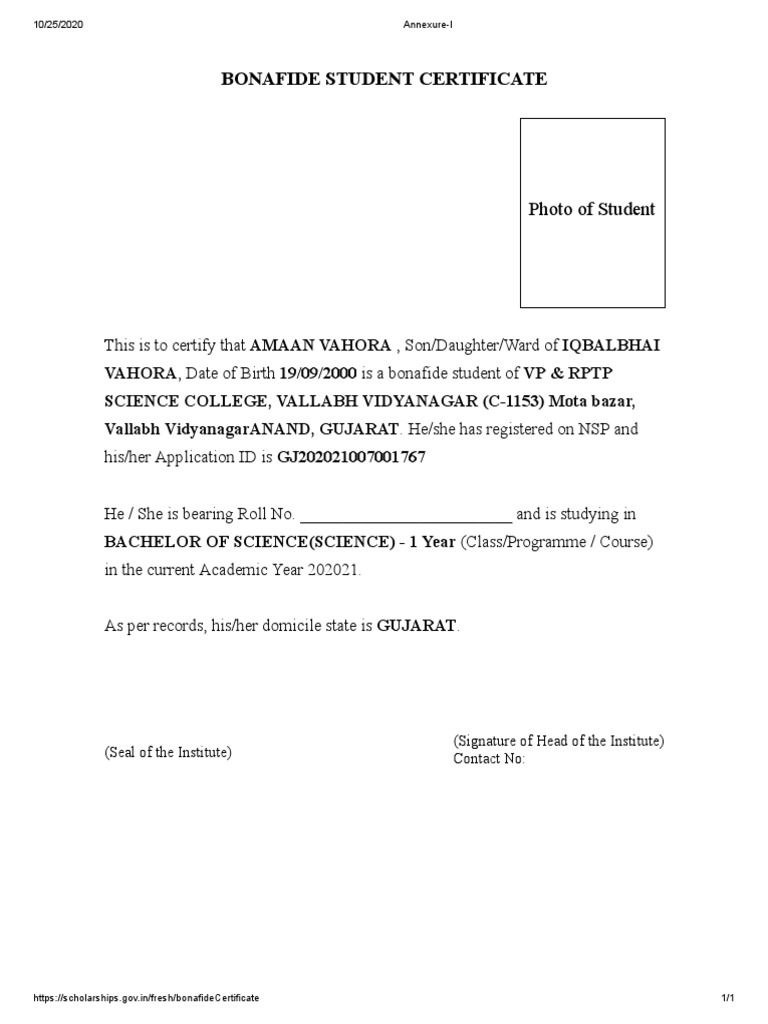Bonafide Student Certificate | PDF