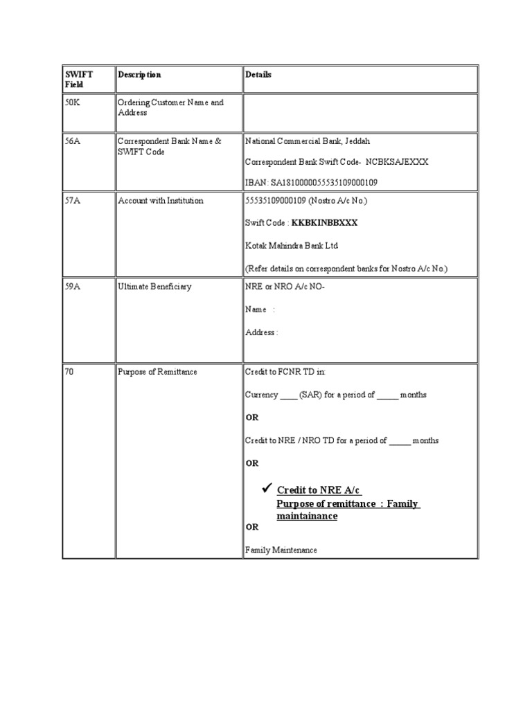 Swift Field Description Details: Credit To NRE A/c Purpose of ...