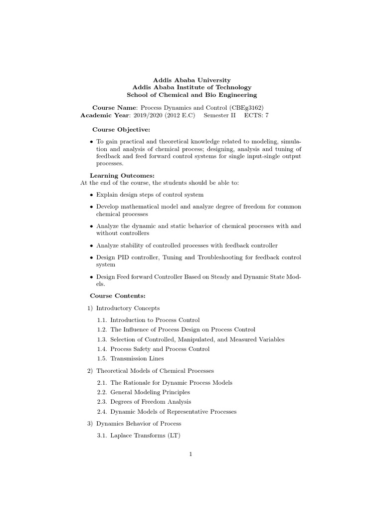 Course Outline Process Dynamics and Control | PDF | Control Theory ...