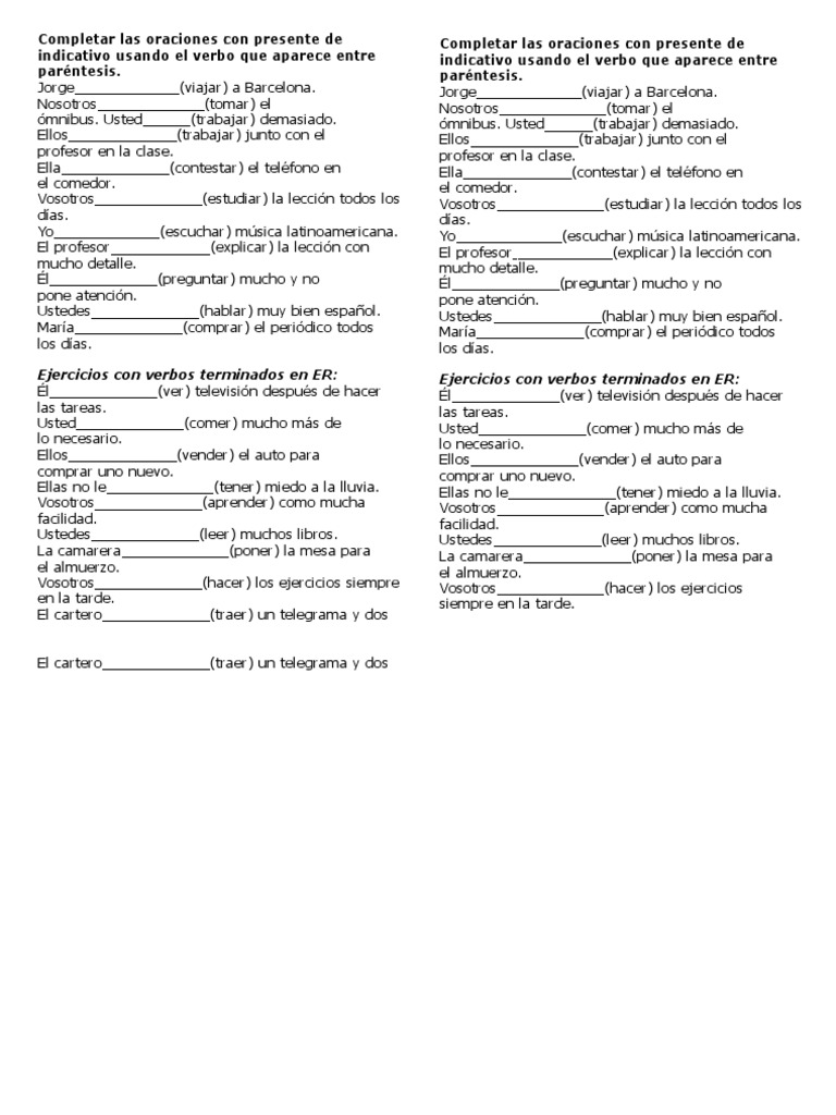 Ejercicios Verbos Regulares Espanol Ar Er Ir | PDF