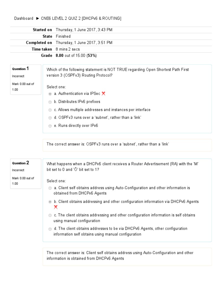DHCPv6 & Routing Level 2 Quiz Dashboard | PDF | I Pv6 | Routing