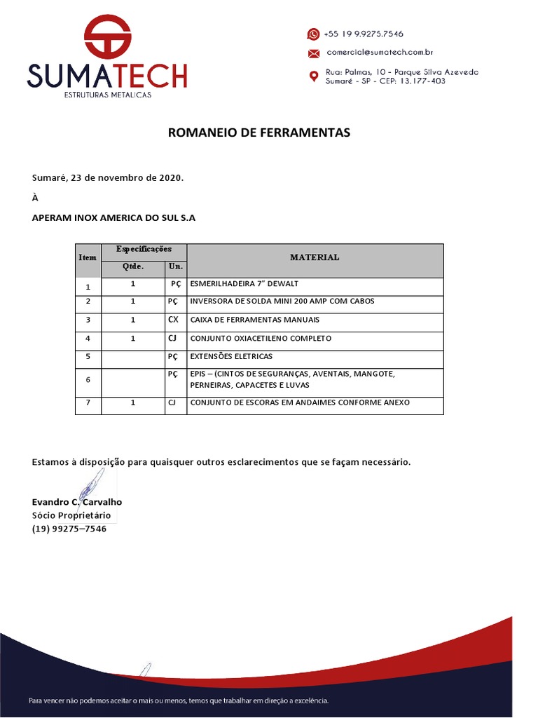 Romaneio de Ferramentas | PDF