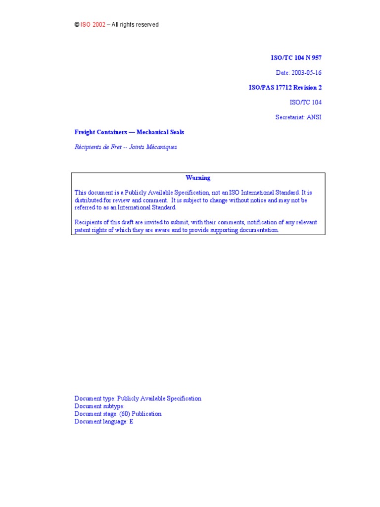 ISO/TC 104 N 957: Récipients de Fret - Joints Mécaniques | Download ...