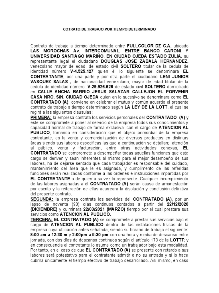Contrato de Trabajo Temporal en Zulia | PDF | Comportamiento | Empresas